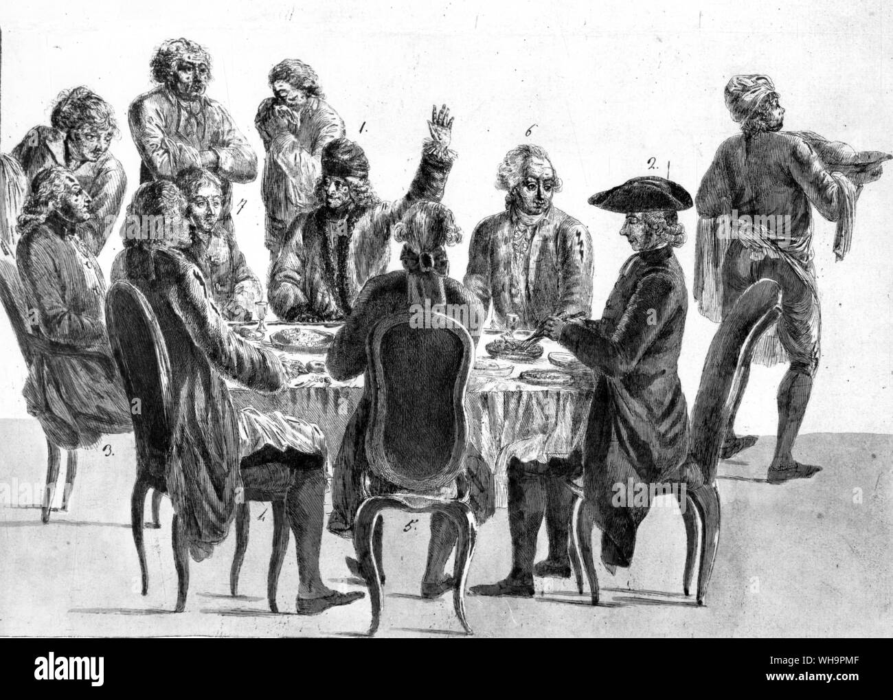 Le repas des philosophes (1) Voltaire, (4) d'Alembert, (5) Condorcet ...