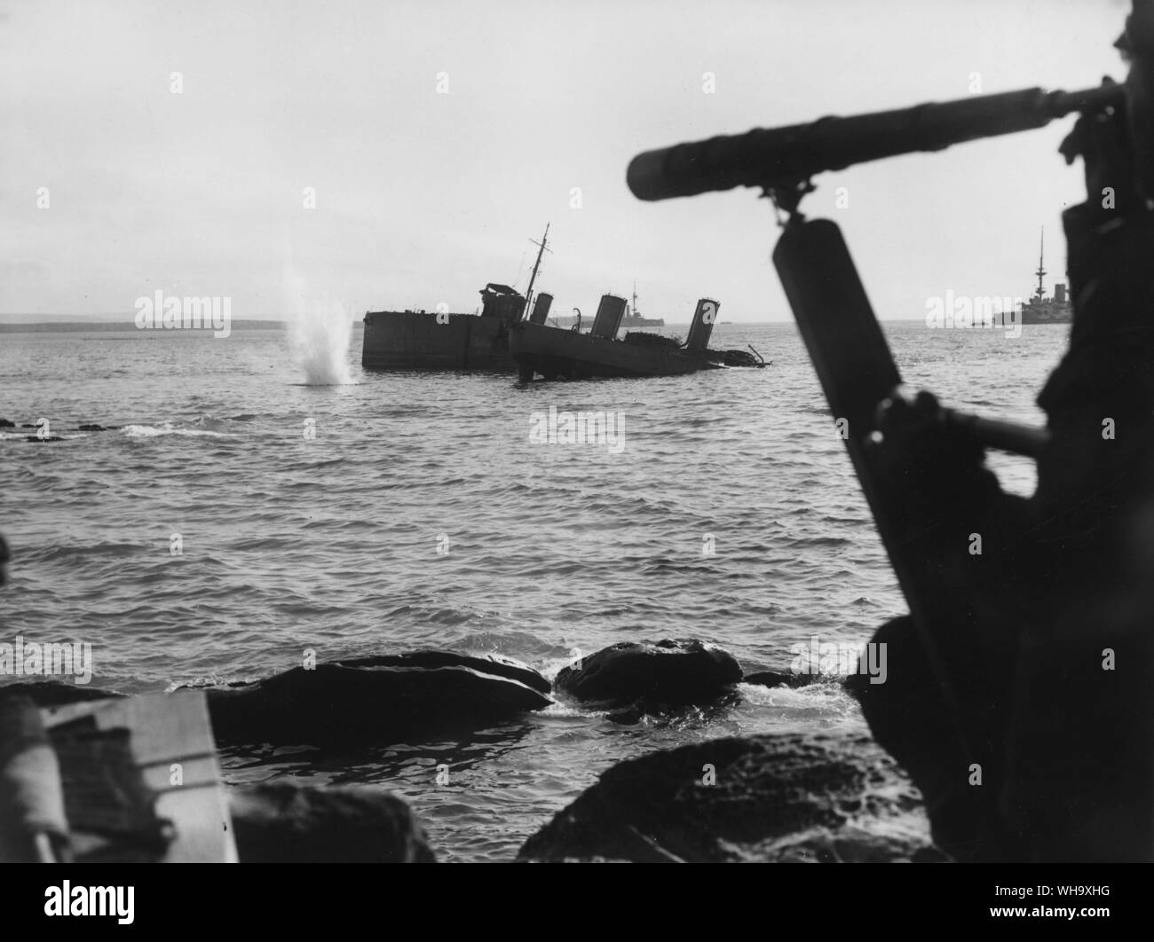 WW1: A shell from an enemy battery, falling close to the wrecked ...