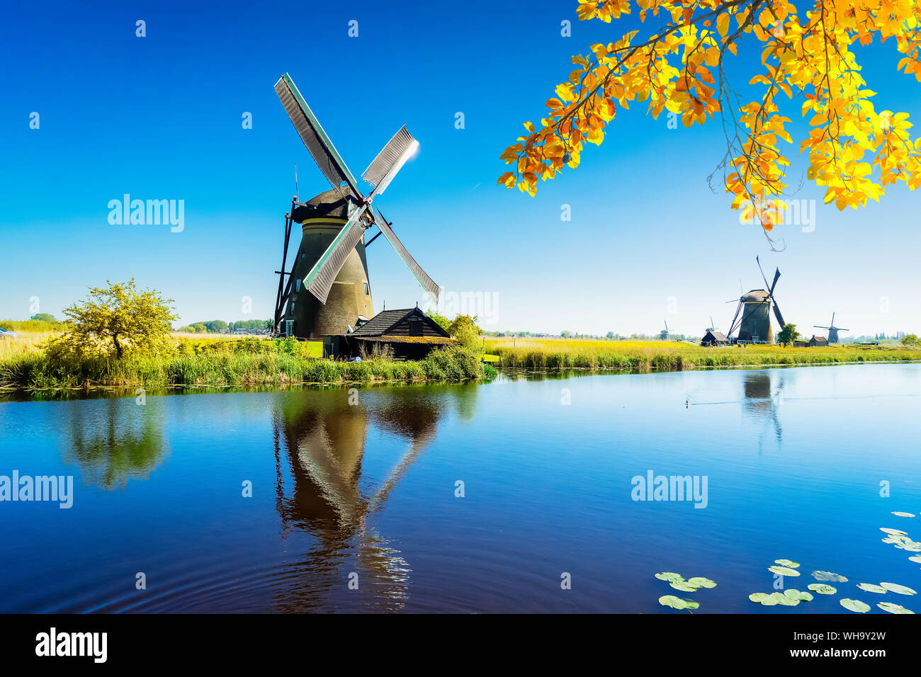 dutch windmill over river waters Stock Photo - Alamy