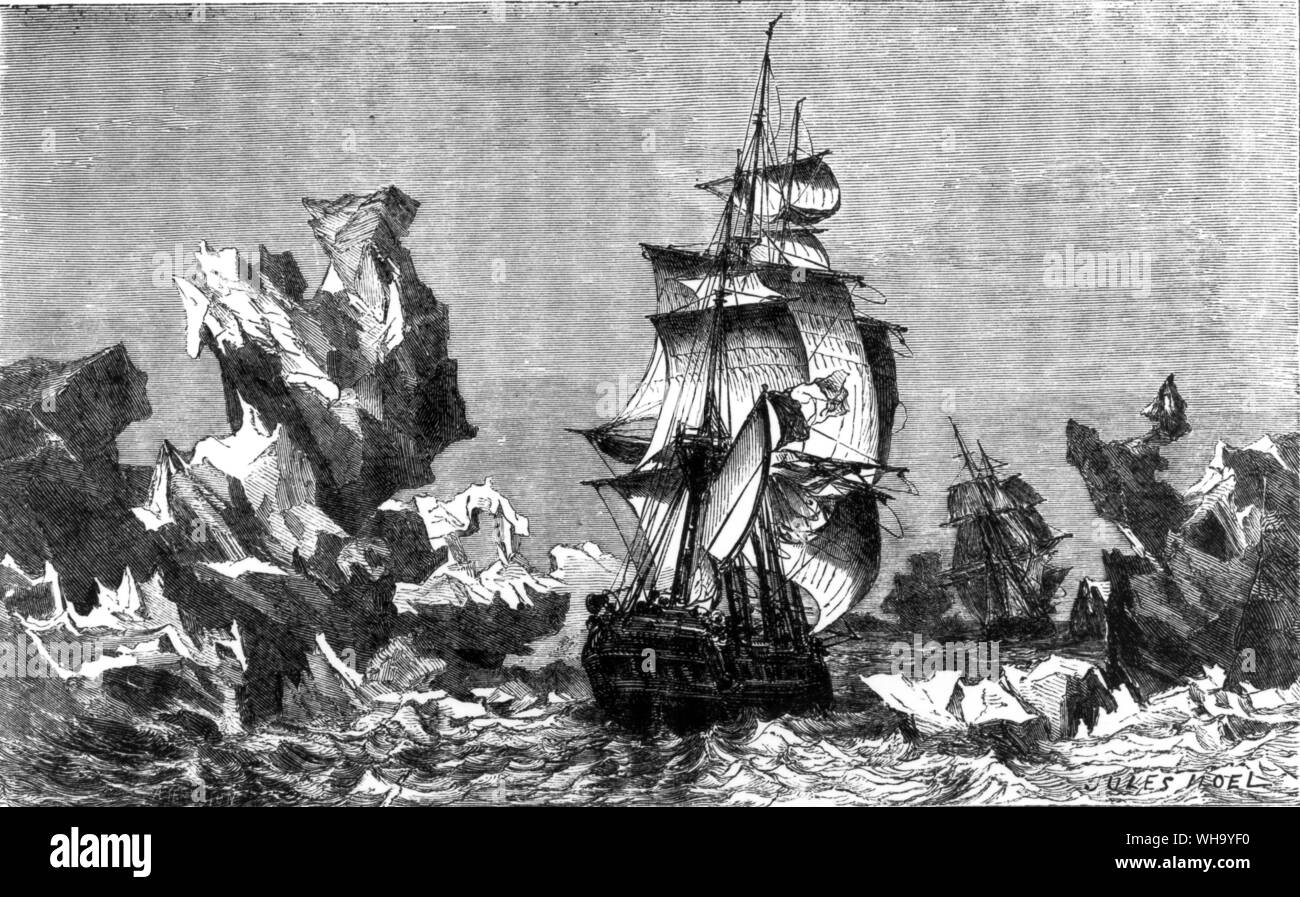 The French corvettes L'Astrolabe and La Zelee among the icebergs of the ...