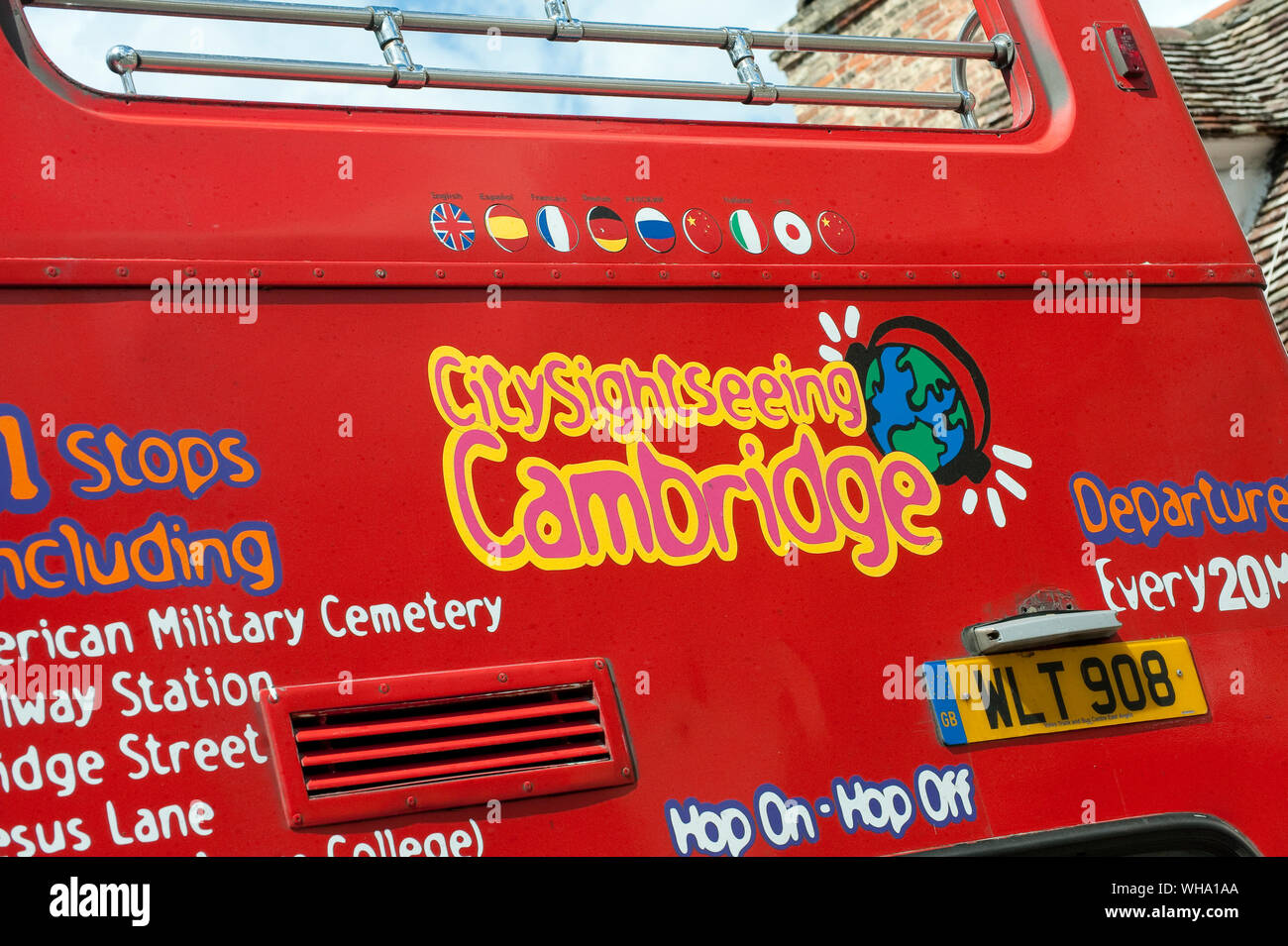 Open top double decker sightseeing bus in the city of Cambridge ...