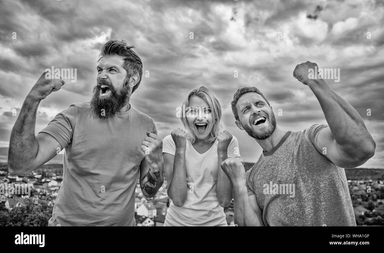 Favorite team won competition. Behaviors of winner team. Woman and men ...