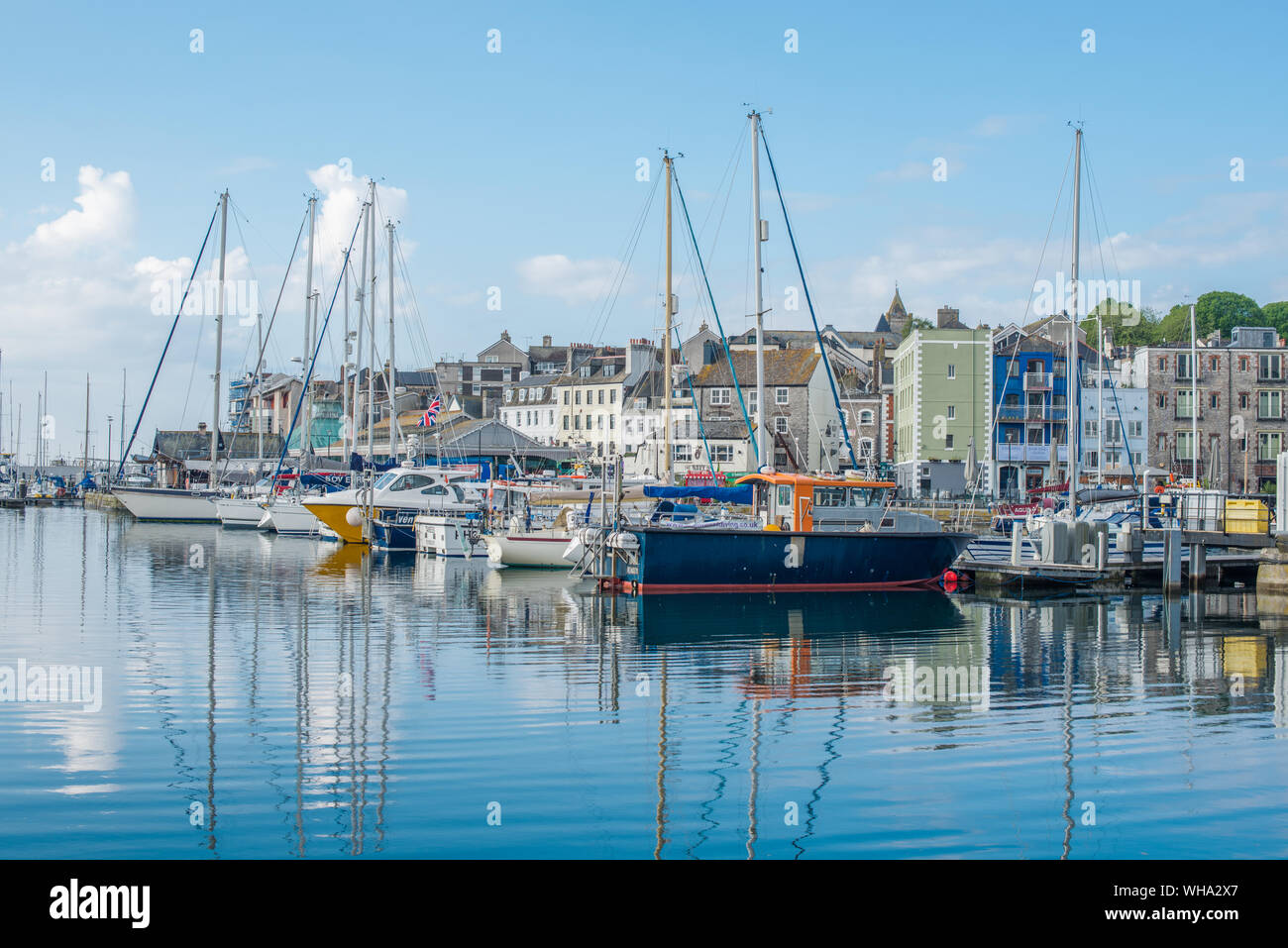 Boats in Sutton Harbour Marina, The Barbican, Plymouth, Devon, England ...