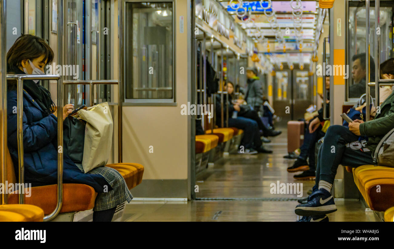 TOKYO, JAPAN, JANUARY - 2019 - Interior view of subway train at tokyo ...