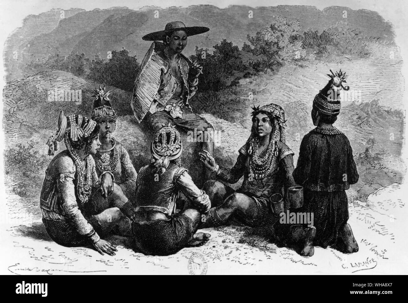 Family in Thailand. Drawing by E Bayard after M Delaporte Stock Photo ...
