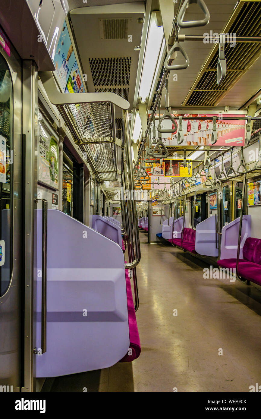 TOKYO, JAPAN, JANUARY - 2019 - Empty interior view of subway train at ...
