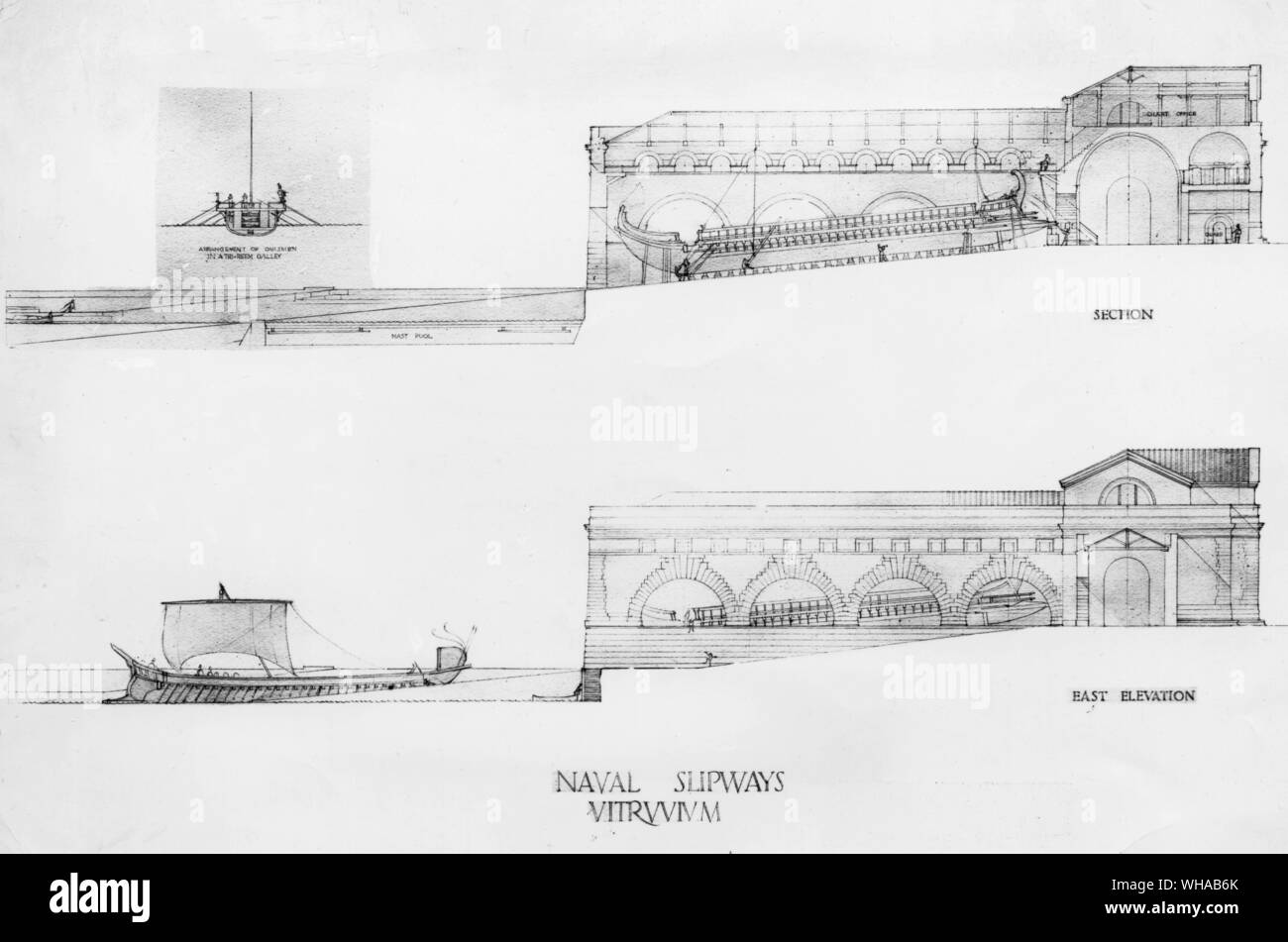 Roman Galleys and slipways. Drawing signed A J Ensor 1928. Naval ...