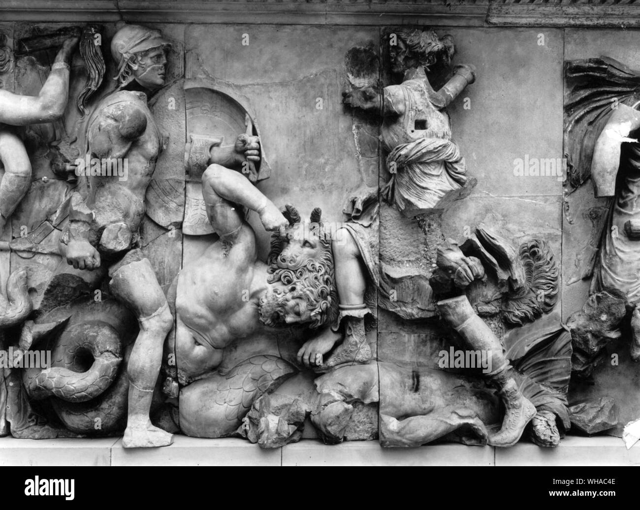 Part of main frieze of altar of Zeus showing Artemis attacking giants ...