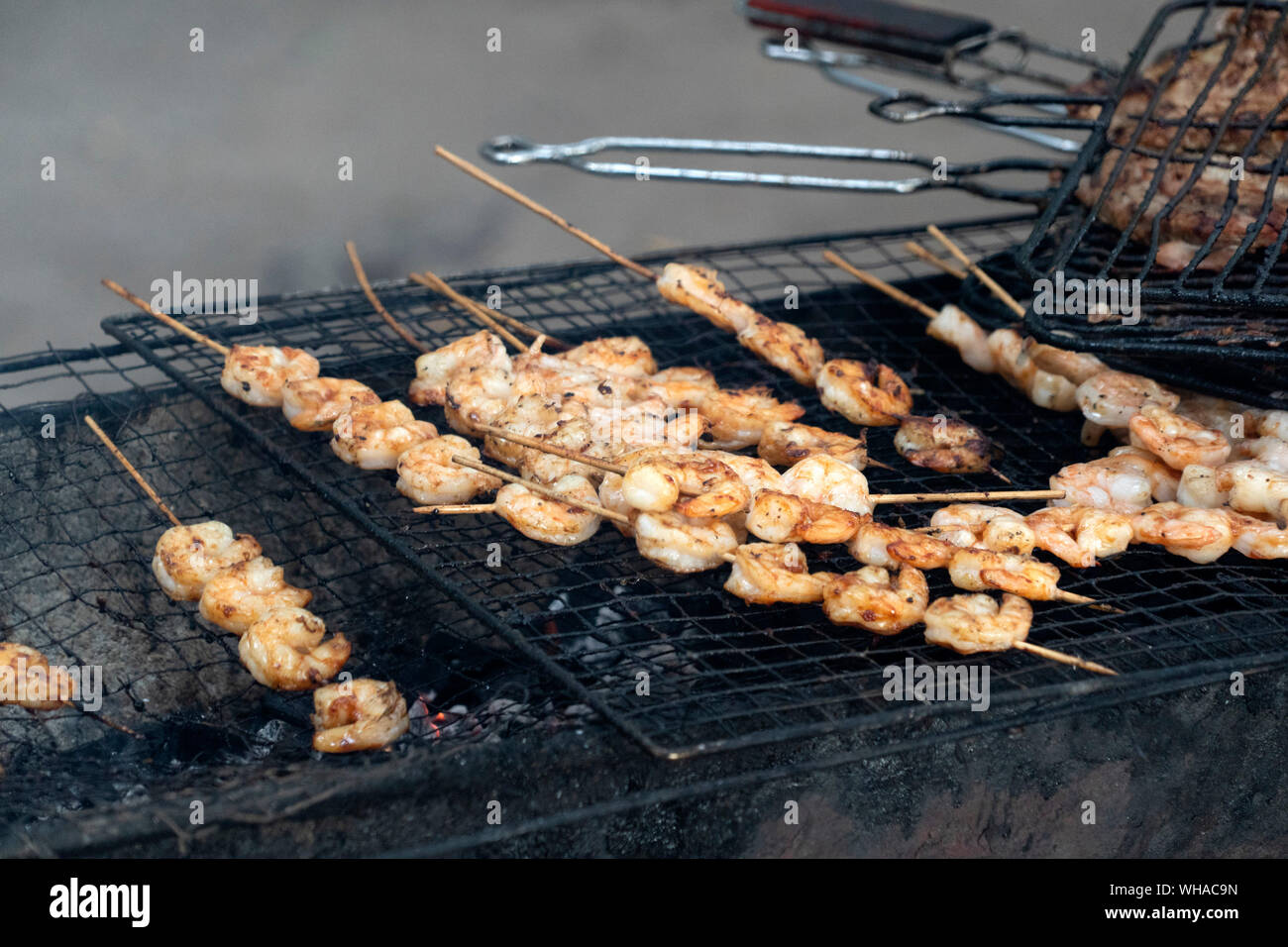 creole barbecue buffet in seychelles detail of shrimps Stock Photo - Alamy