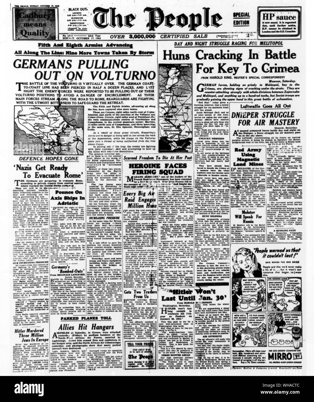 The front page of the Sunday newspaper The People 17 October 1943 Stock ...