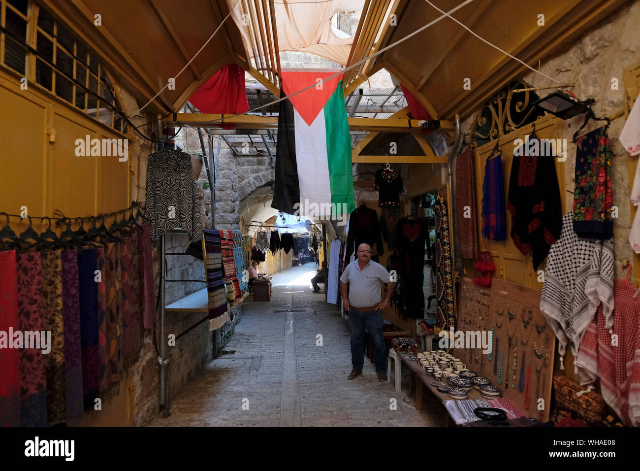 The Palestinian flag hanging in an alley in the 'Kasba' Kasbah or ...