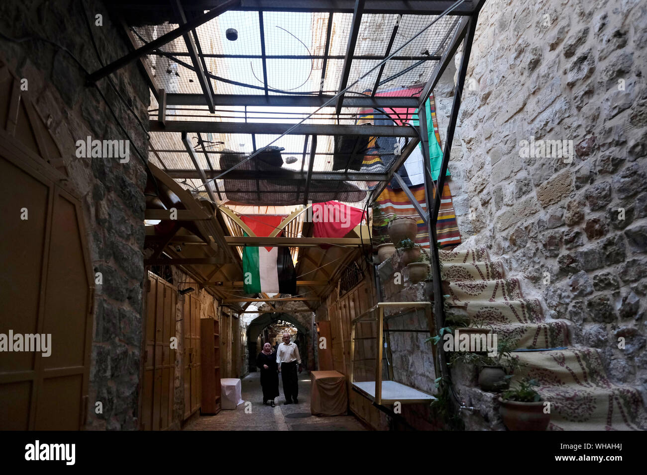 The Palestinian flag hanging in an alley in the 'Kasba' Kasbah or ...