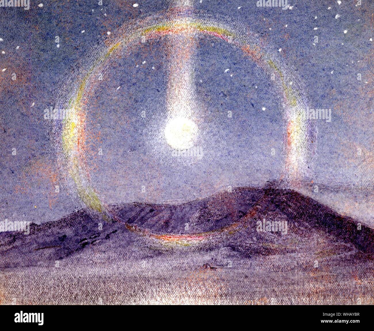 Moon halo (Mount Erebus behind) and a vertical beam, 12 June 1905, by ...