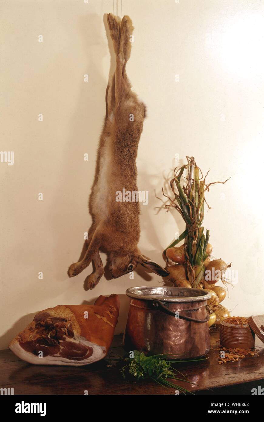 Hare and ham with copper pot Stock Photo - Alamy