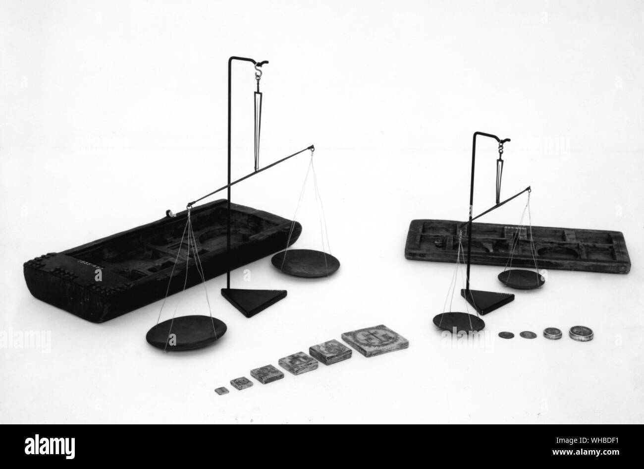 Set of Roman Byzantine bronze balances and weights in original wood ...