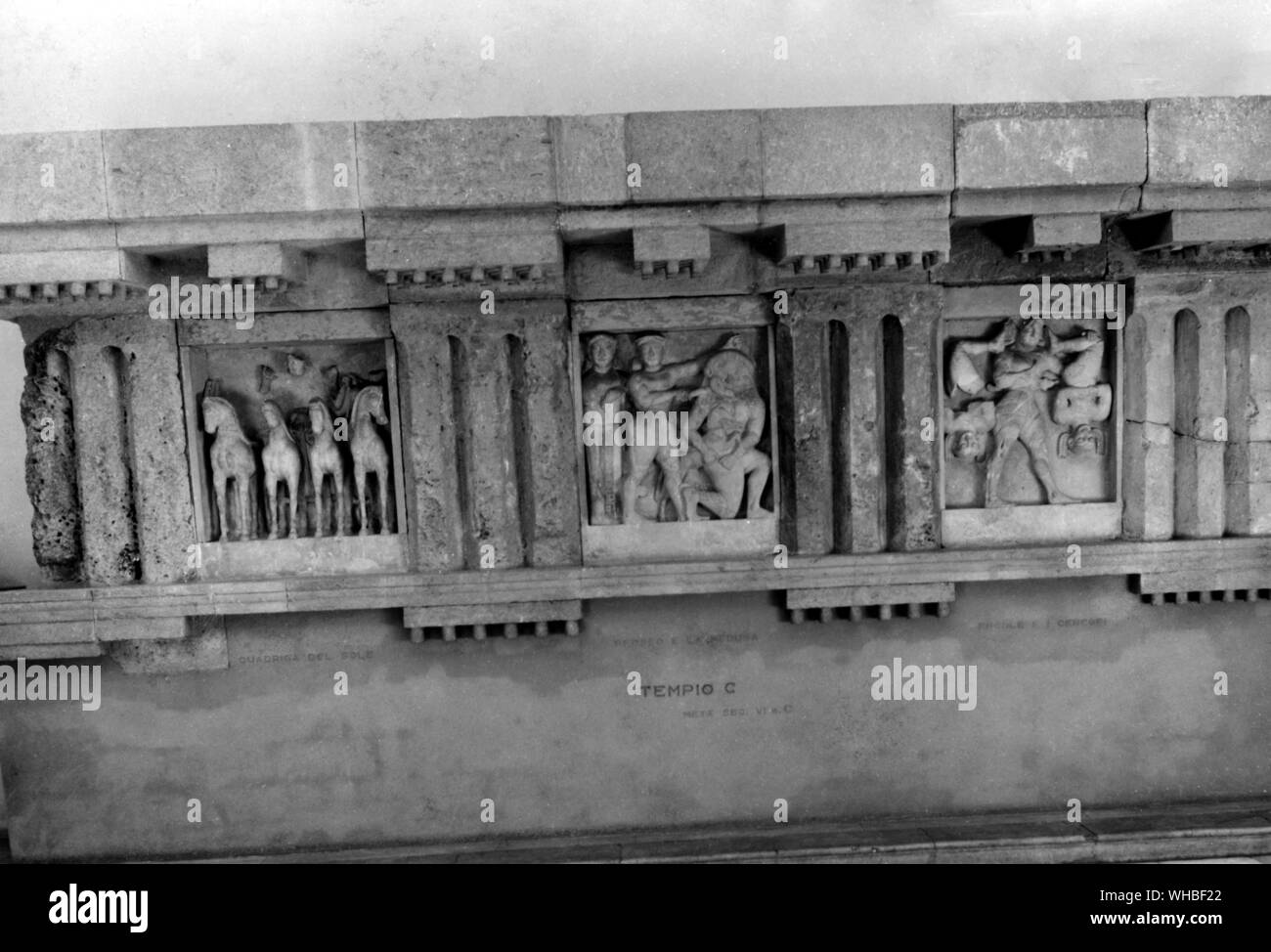 Three metopes from temple C, Selinus, now in the Museo Archeologico ...