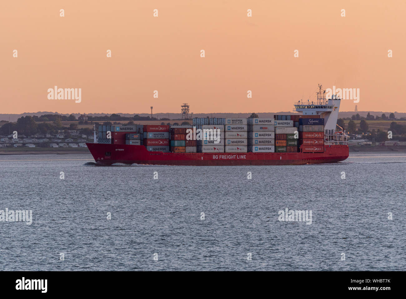 Steen container ship of BG Freight Line in the Thames Estuary packed ...