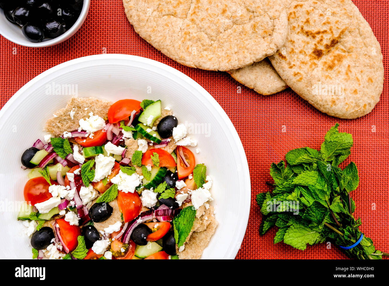 Chunky Fresh Healthy Greek Salad With Pitta Bread, Black Olives, Feta ...