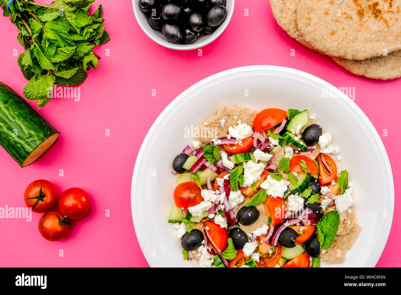 Chunky Fresh Healthy Greek Salad With Pitta Bread, Black Olives, Feta ...