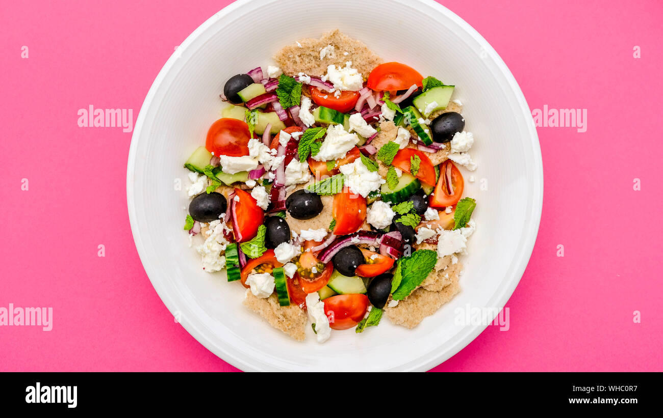 Chunky Fresh Healthy Greek Salad With Pitta Bread, Black Olives, Feta ...