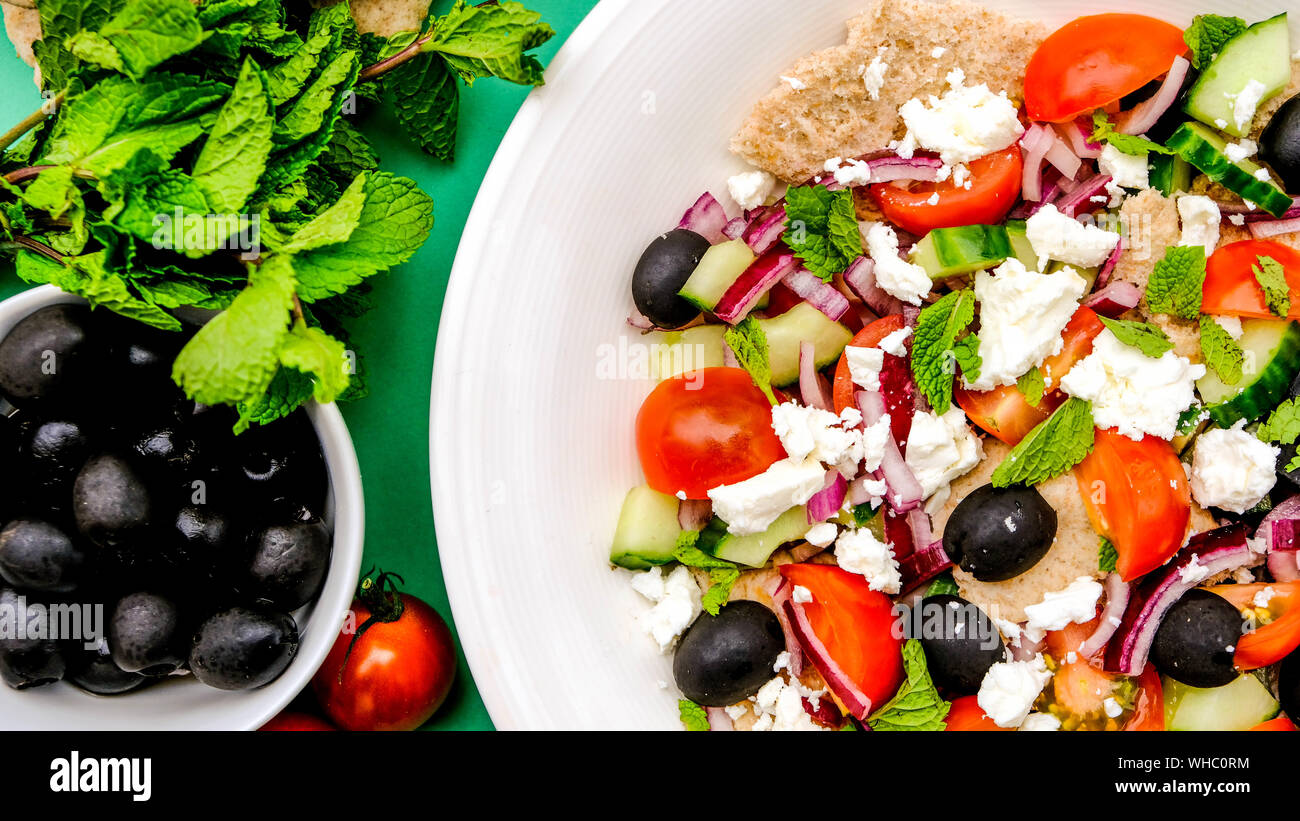 Chunky Fresh Healthy Greek Salad With Pitta Bread, Black Olives, Feta ...