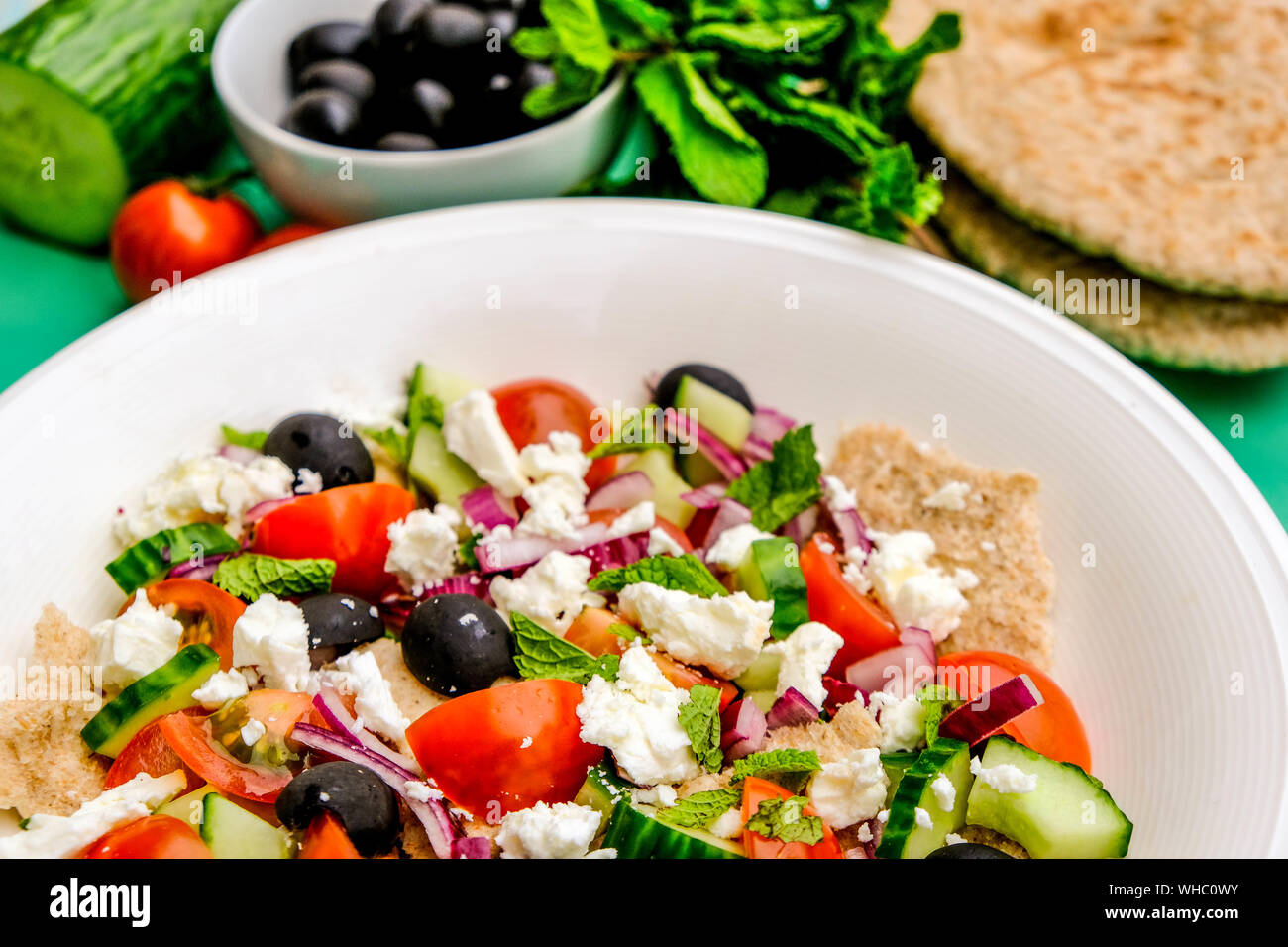Chunky Fresh Healthy Greek Salad With Pitta Bread, Black Olives, Feta ...