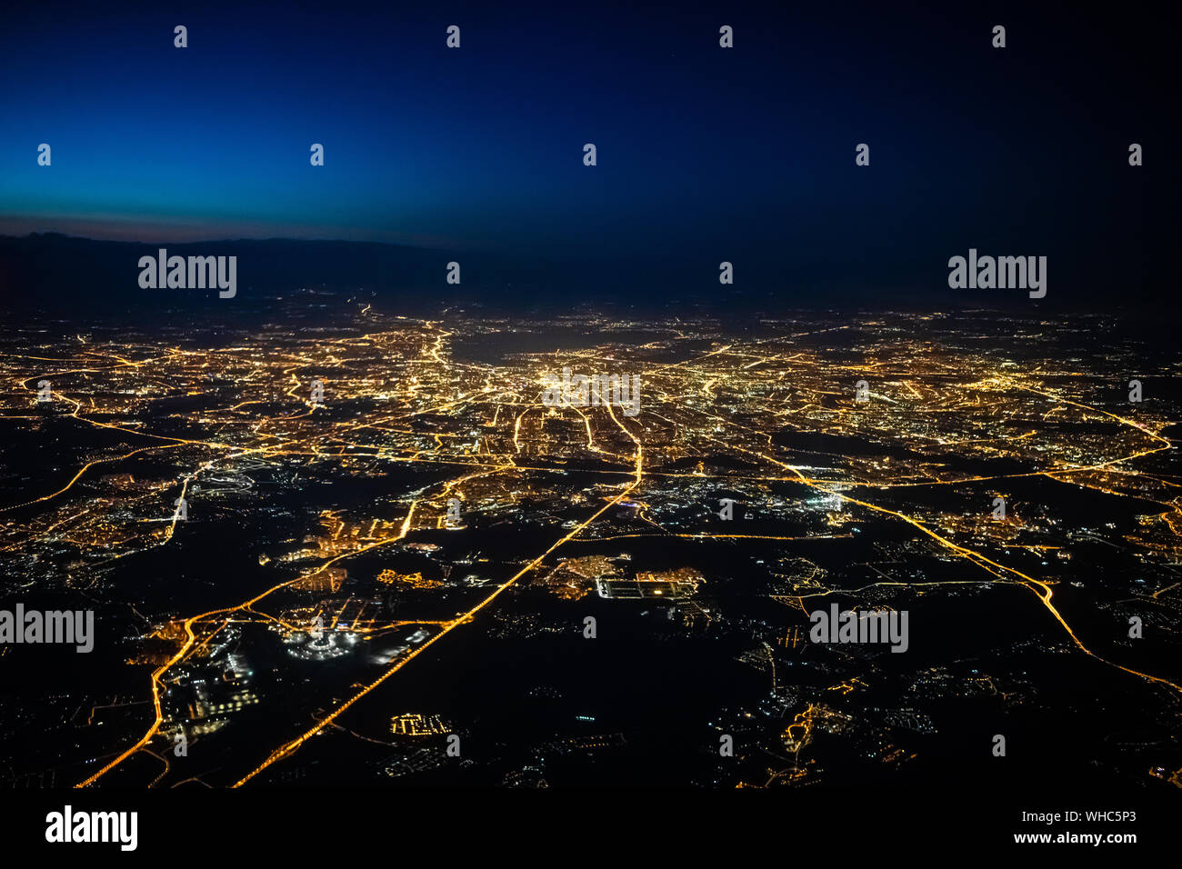 Aerial view of Moscow at night. City of Moscow picture from airplane ...