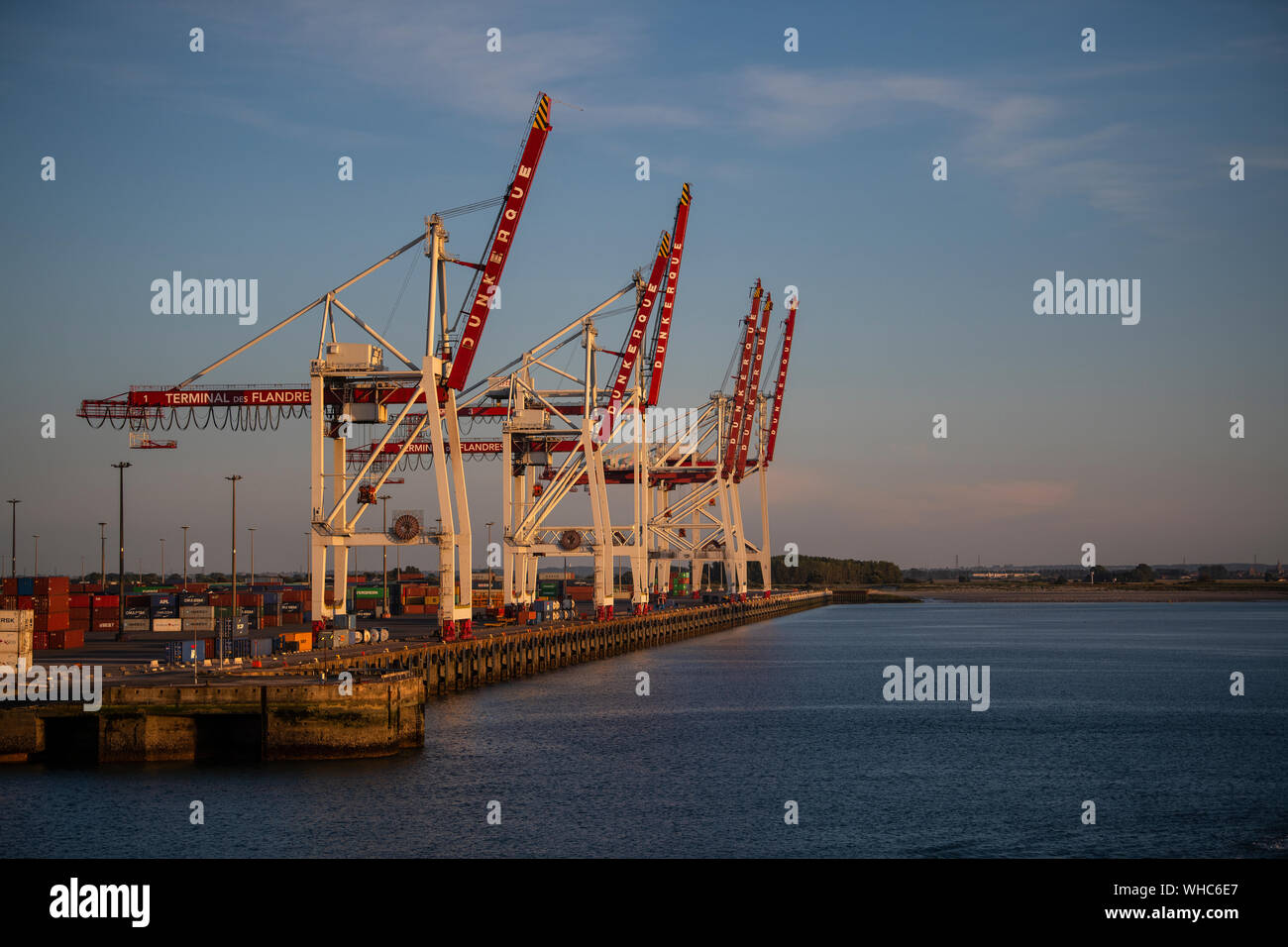 The port of Dunkerque in Northern France. Cranes at the container ...