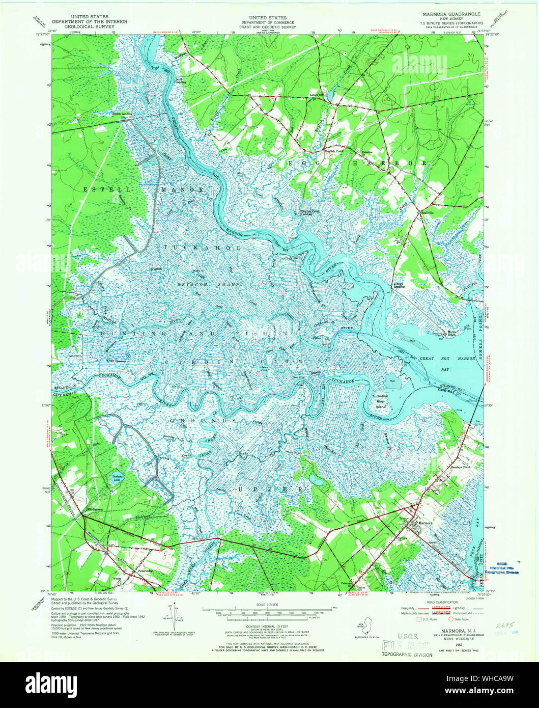 USGS TOPO Map New Jersey NJ Marmora 254550 1952 24000 Restoration Stock ...