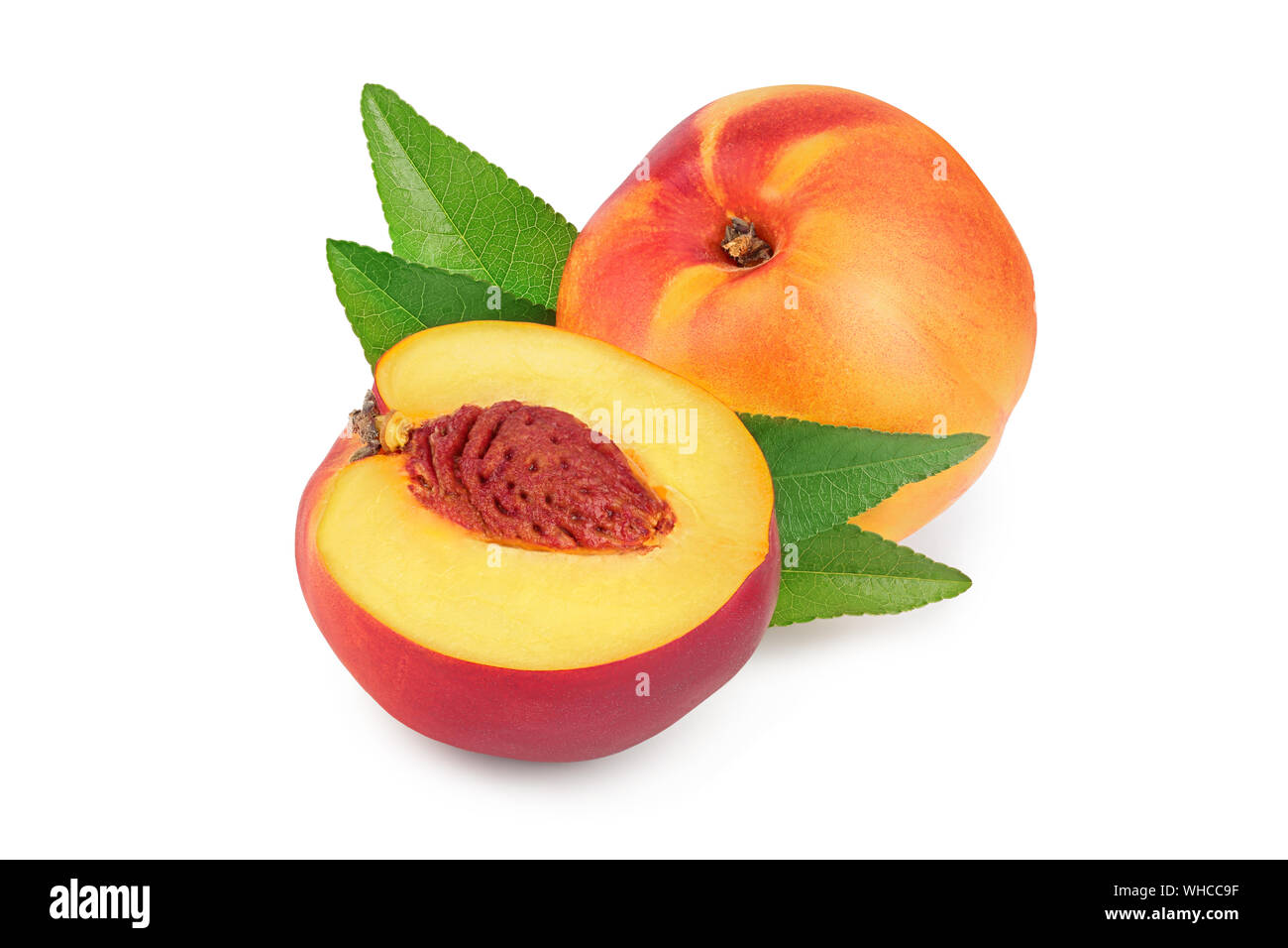 Nectarine fruit and half with leaf isolated on white background cutout ...