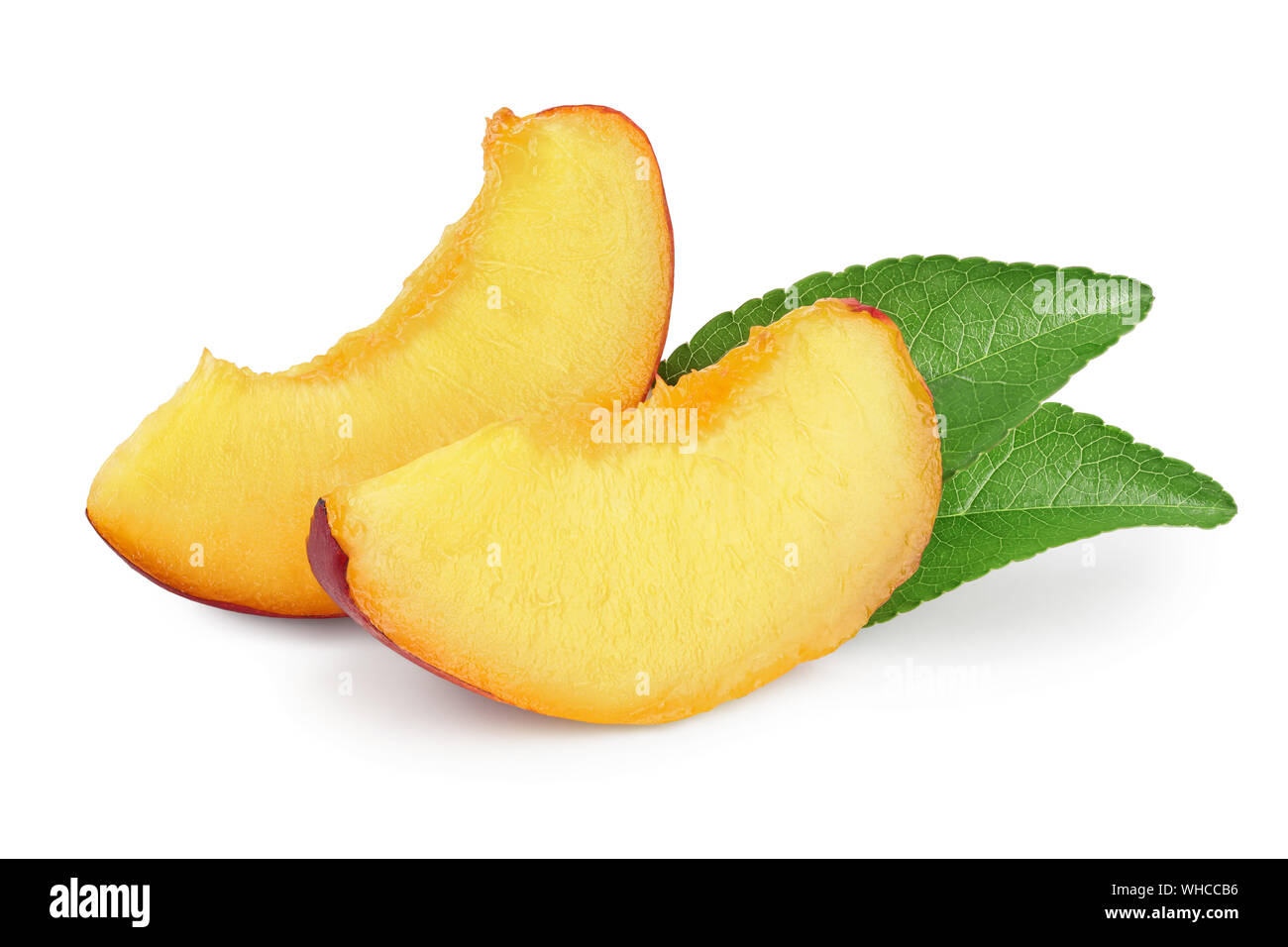 Half nectarine fruit with leaf isolated on white background cutout ...