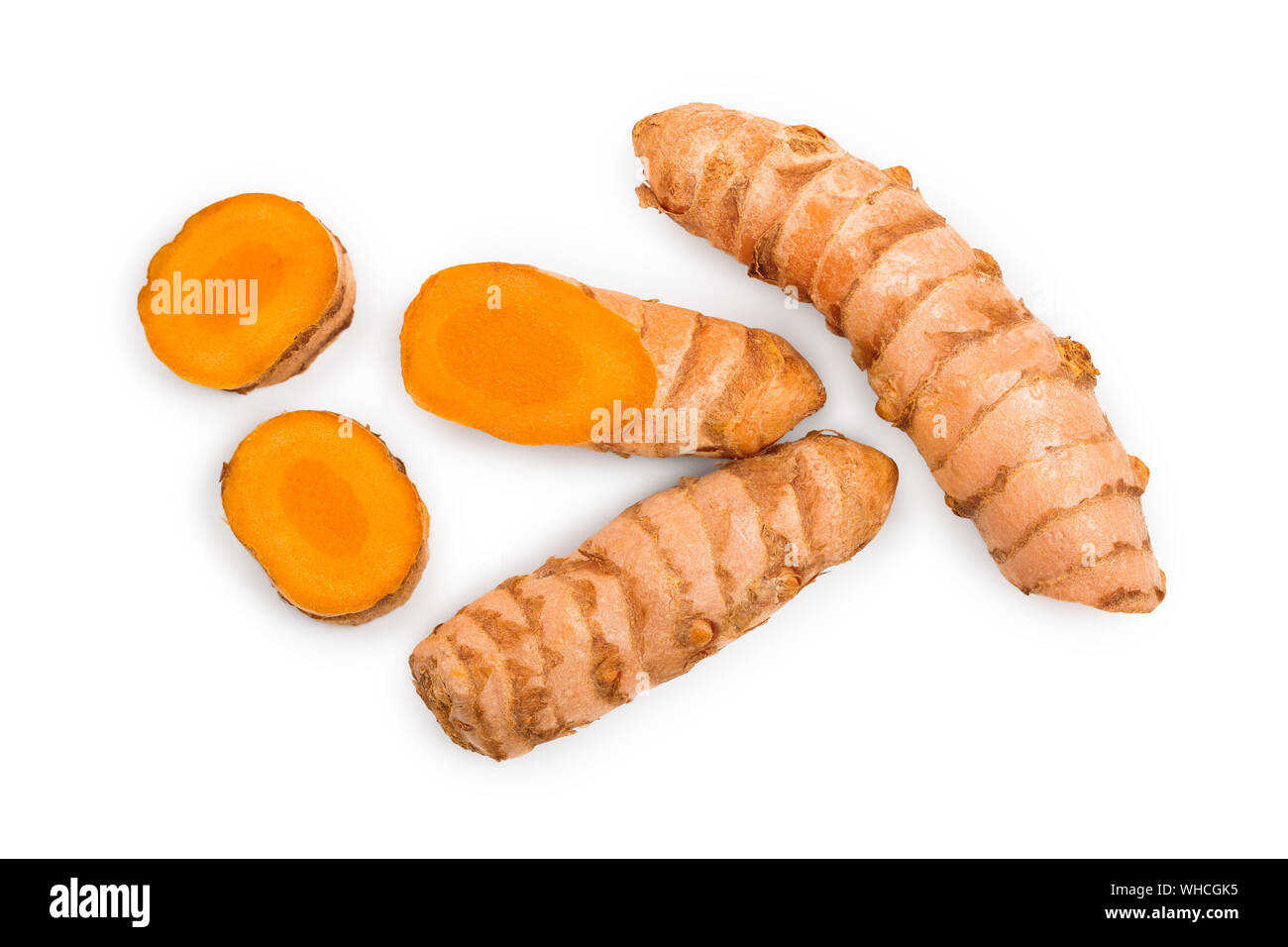 Turmeric powder and turmeric root isolated on white background. Top ...