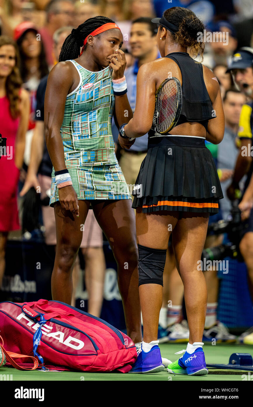 Naomi Osaka of Japan consoles Coco Gauff of the United States iafter ...