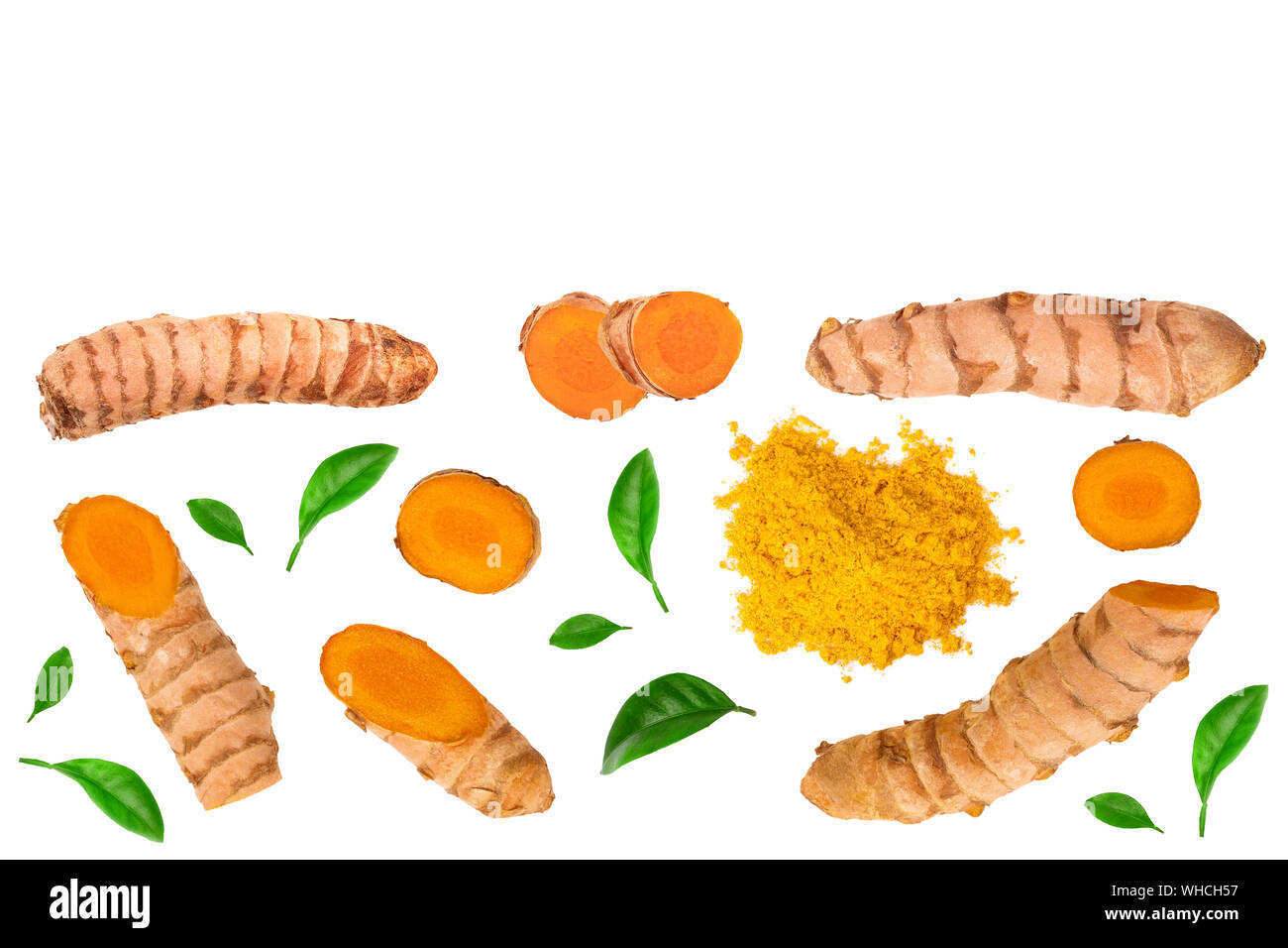 Turmeric powder and turmeric root isolated on white background with ...