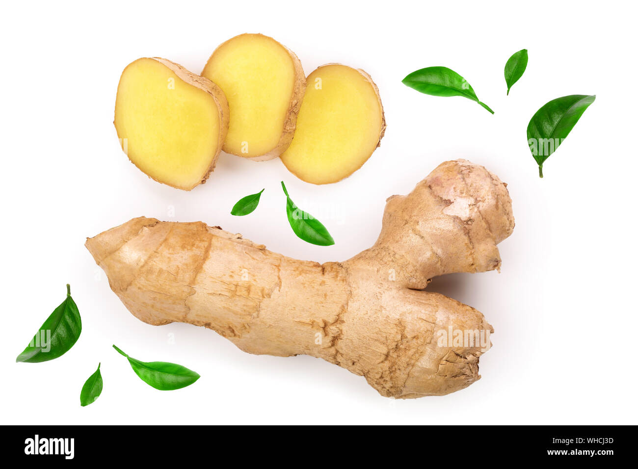 fresh Ginger root and slice isolated on white background. Top view ...