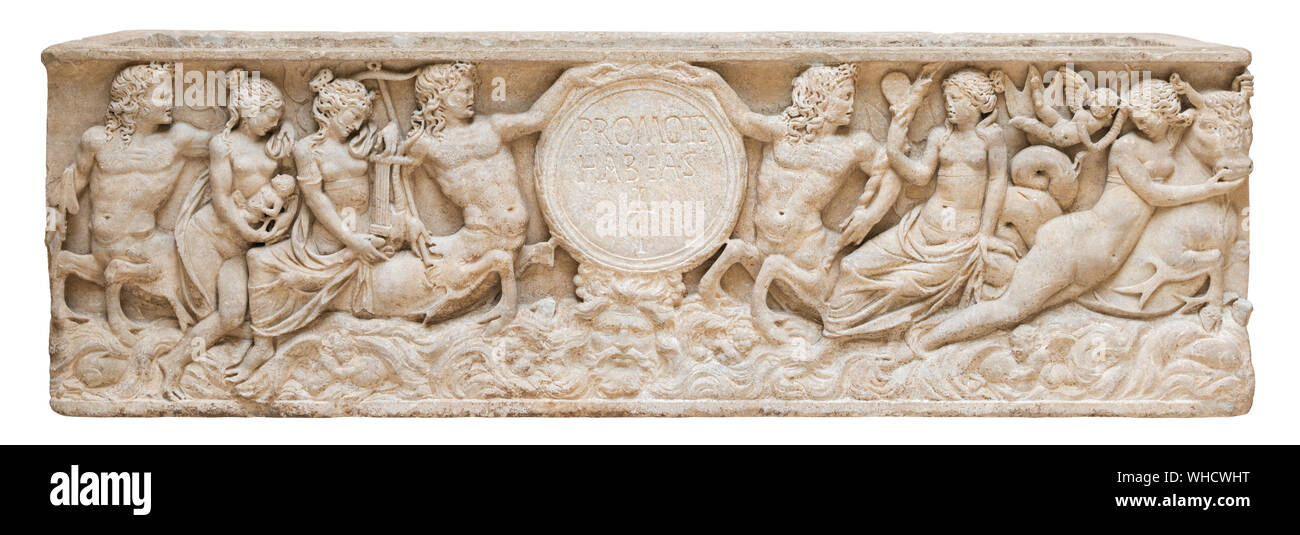 Ancient Roman sarcophagus, isolated on black; Capitoline Museums, Rome ...