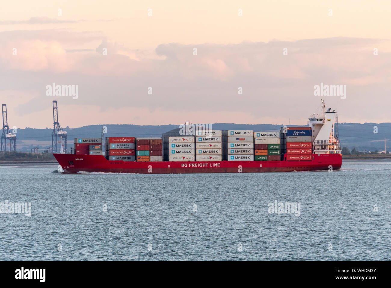 Steen container ship of BG Freight Line in the Thames Estuary packed ...