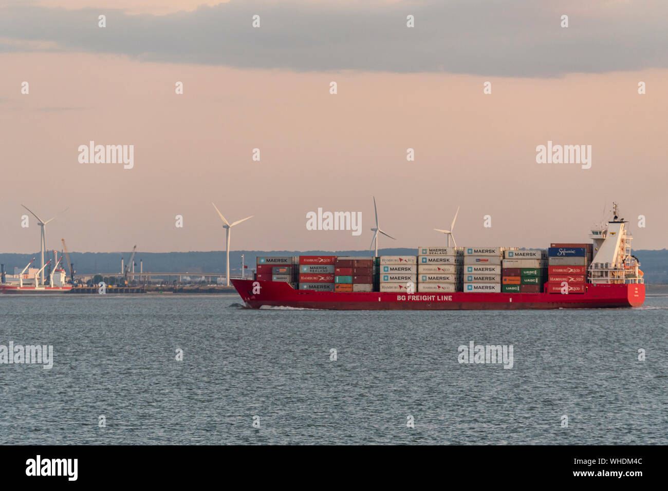 Steen container ship of BG Freight Line in the Thames Estuary packed ...