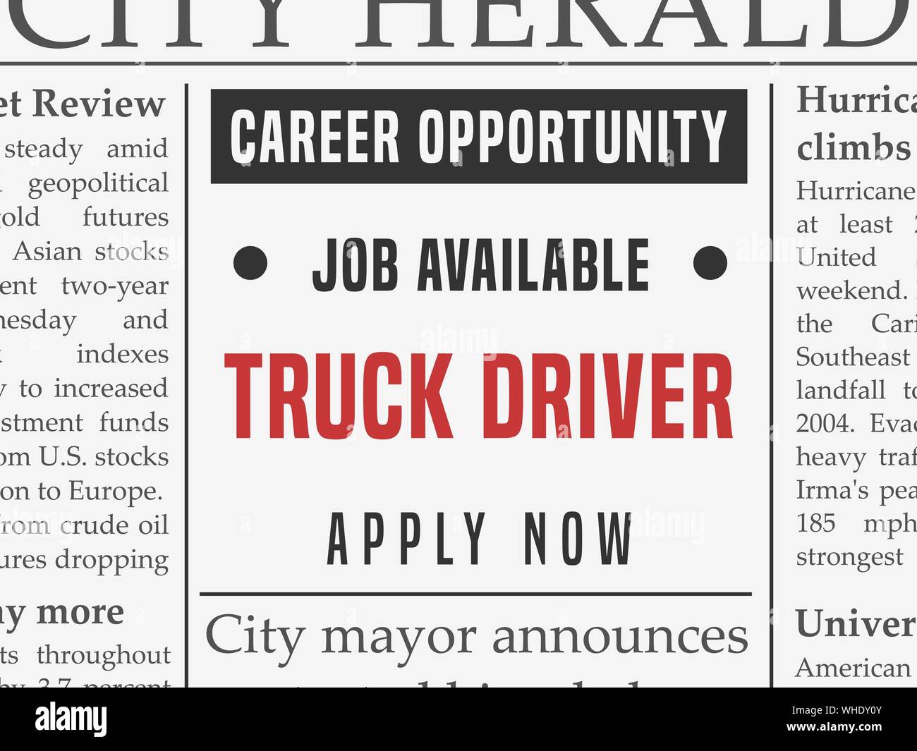 Truck driver career - job classified ad vector in fake newspaper Stock ...