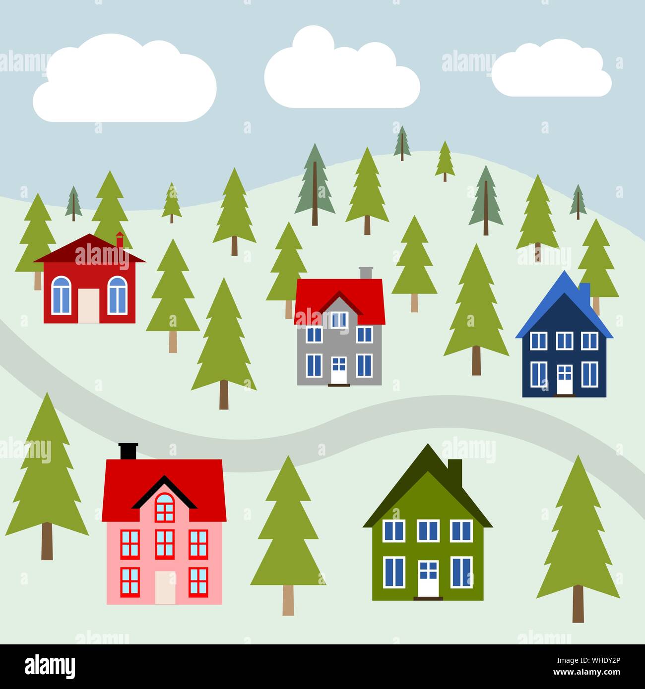 Mountain town vector illustration - colorful homes and forest trees ...