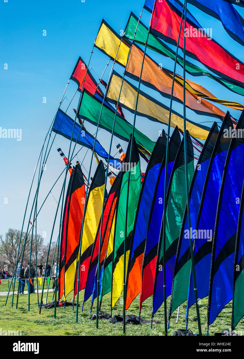 Flags in the wind during a kite festival in Washington D.C Stock Photo ...