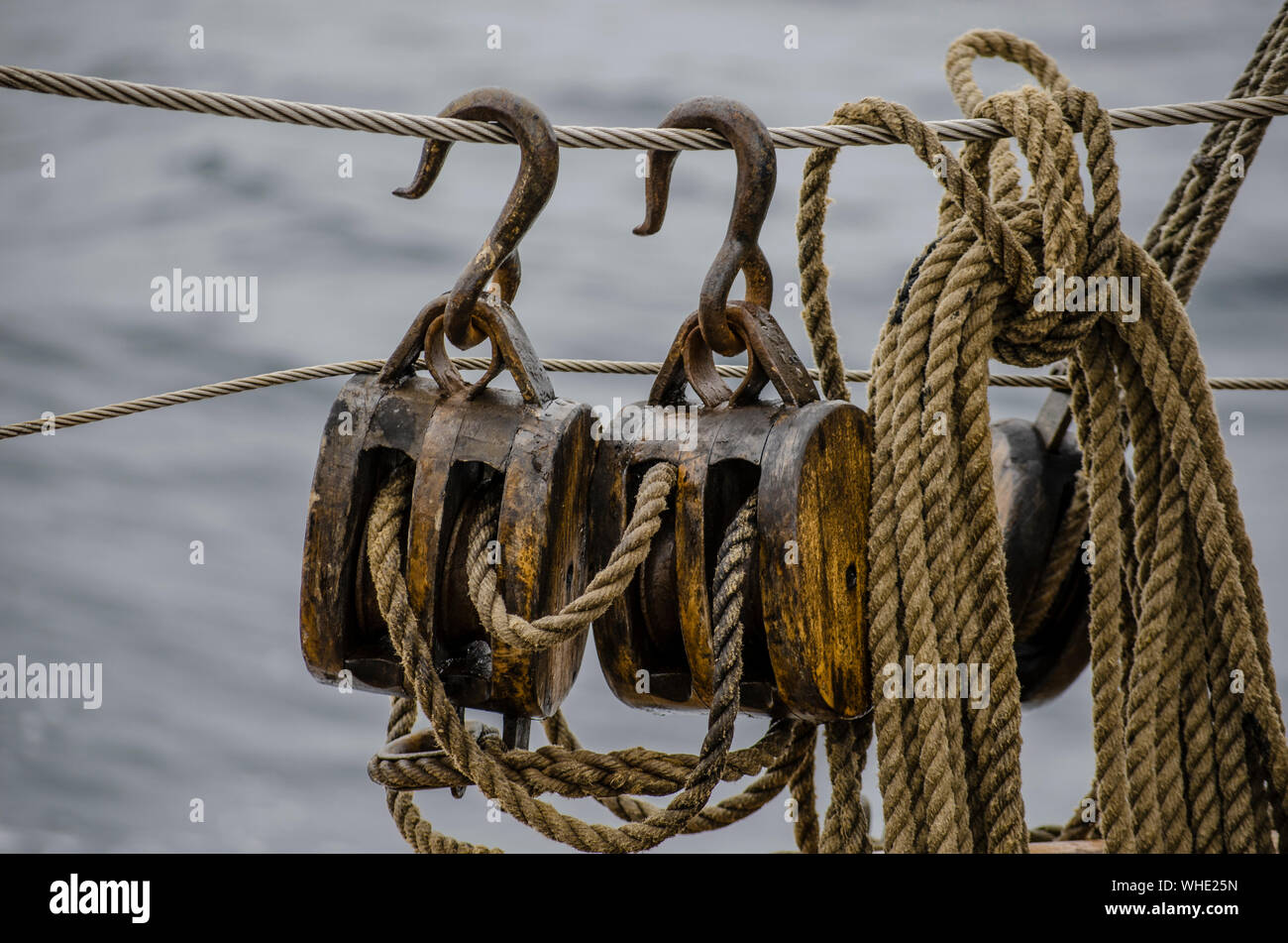 Rope and pulleys from old sailboat Stock Photo - Alamy