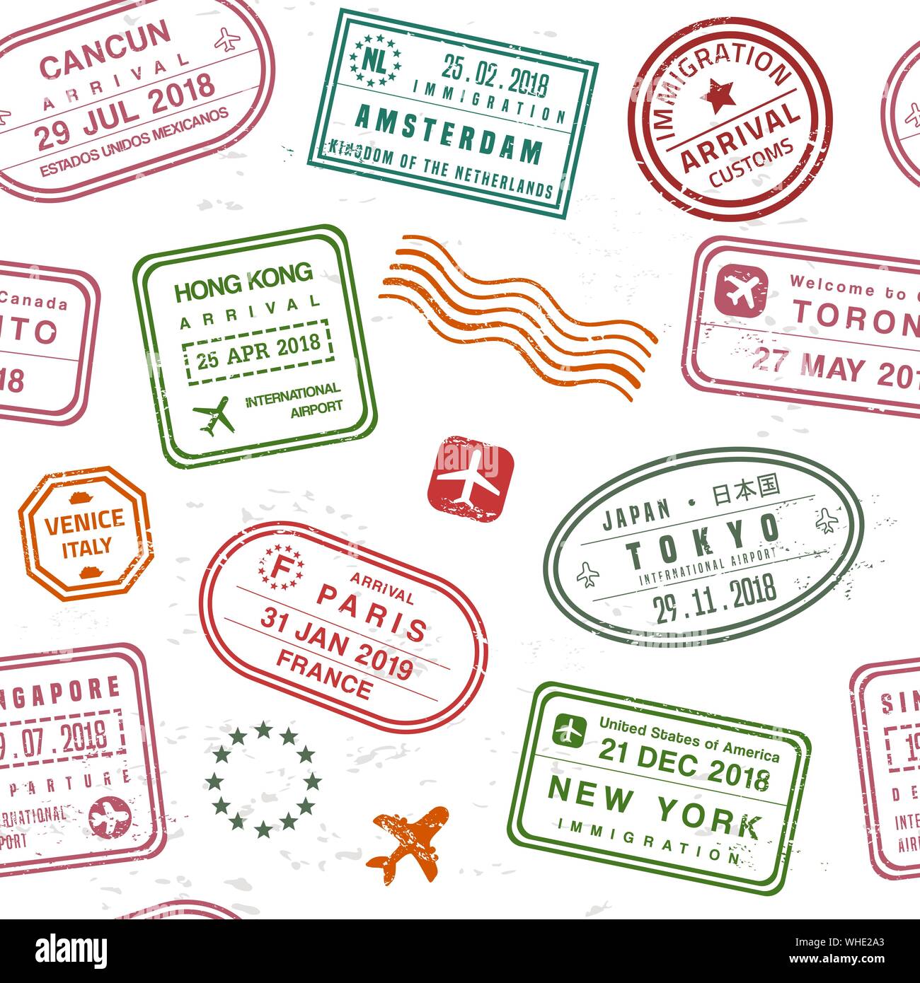 Travel background - passport stamps collage. Fictitious stamps set ...