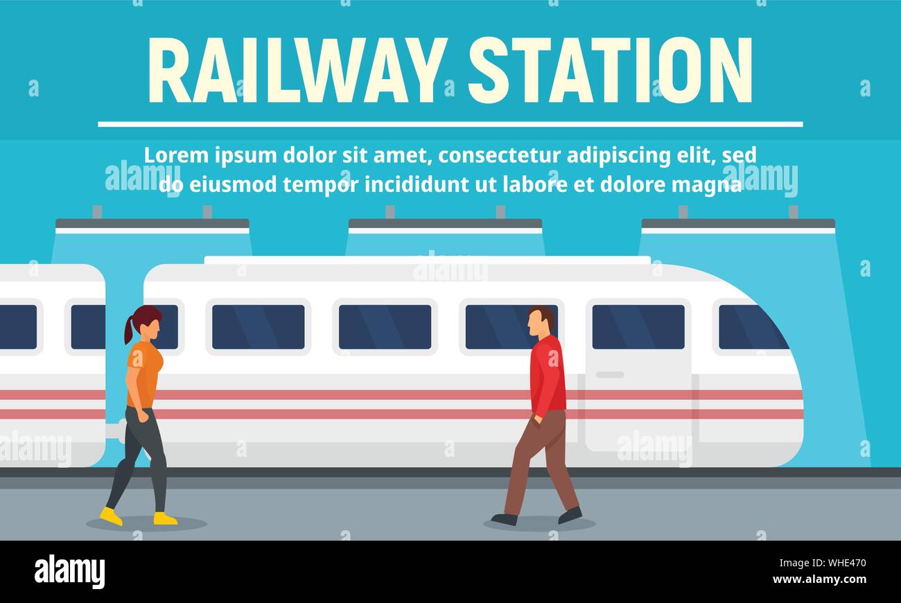 Railway station concept banner. Flat illustration of railway station ...