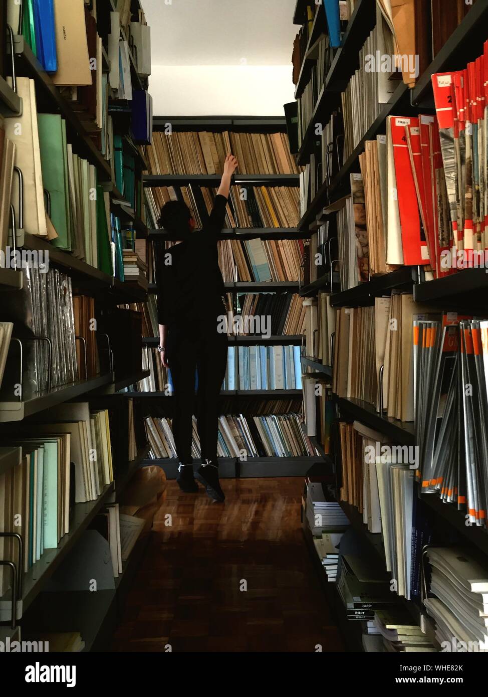 Rear View Of Woman Taking Book From Shelf In Library Stock Photo - Alamy