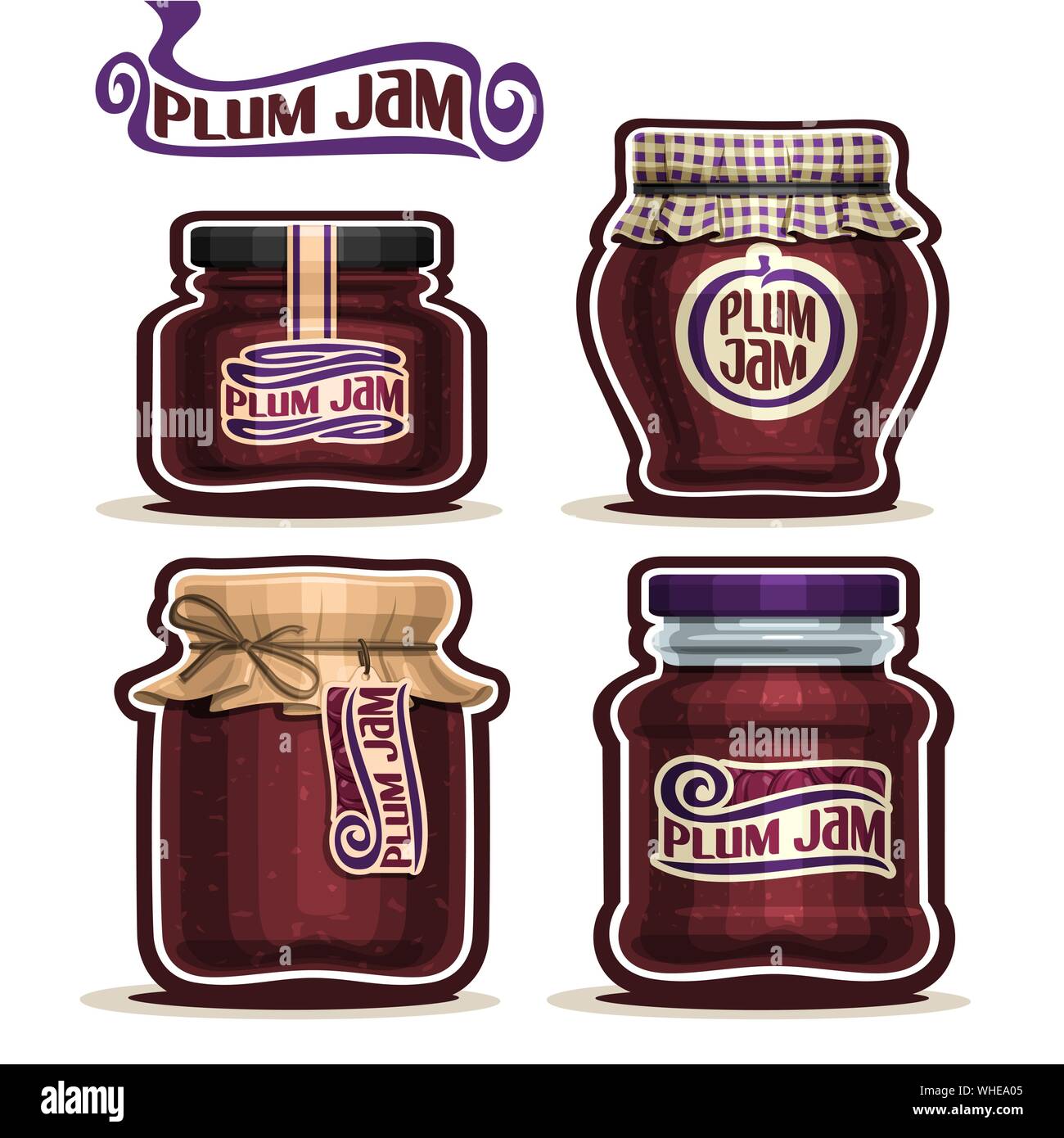 Vector set of Plum Jam in glass Jars with paper cover lid, isolated on ...