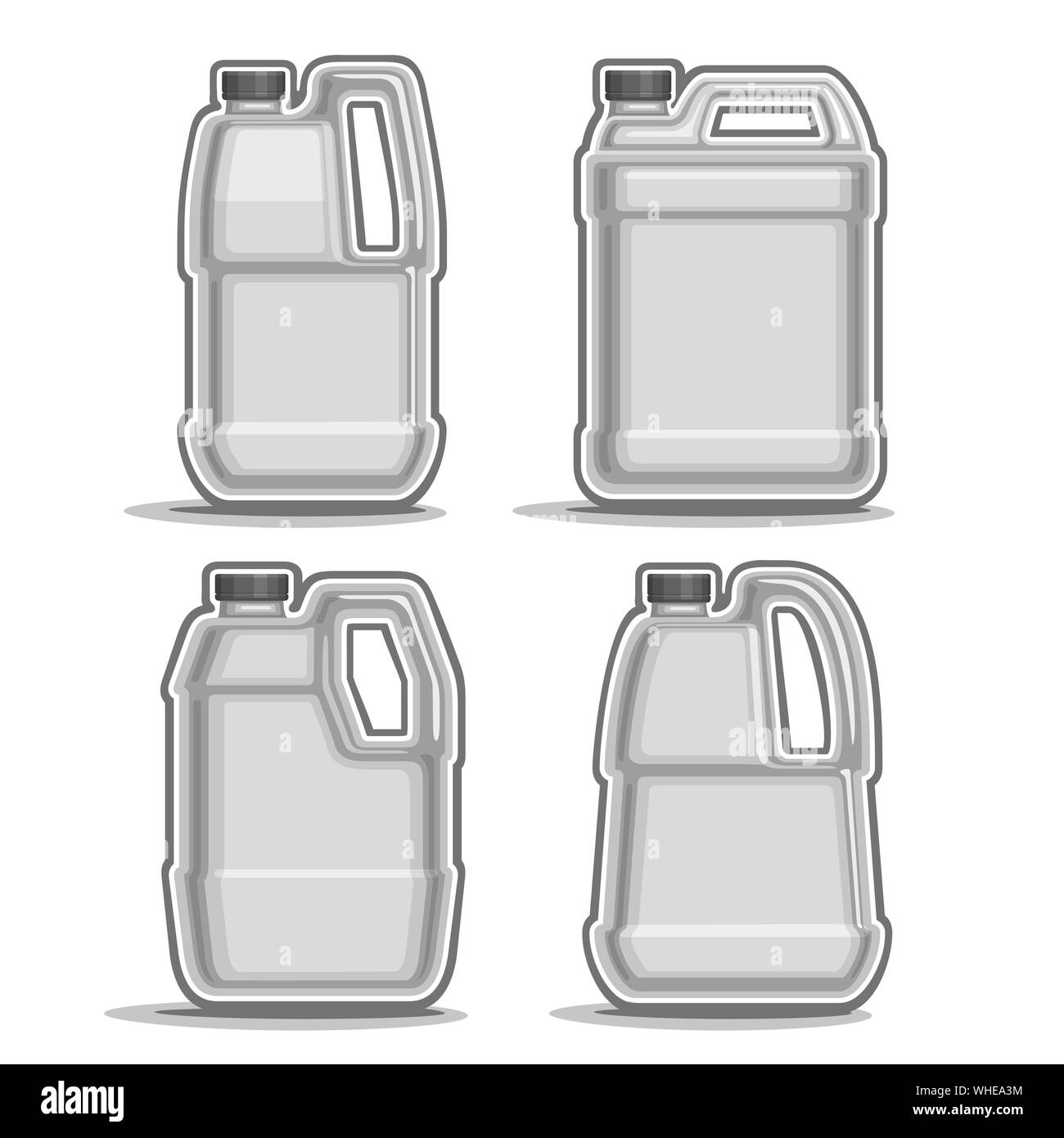Vector monochrome canisters, 4 plastic grey container bottles with ...