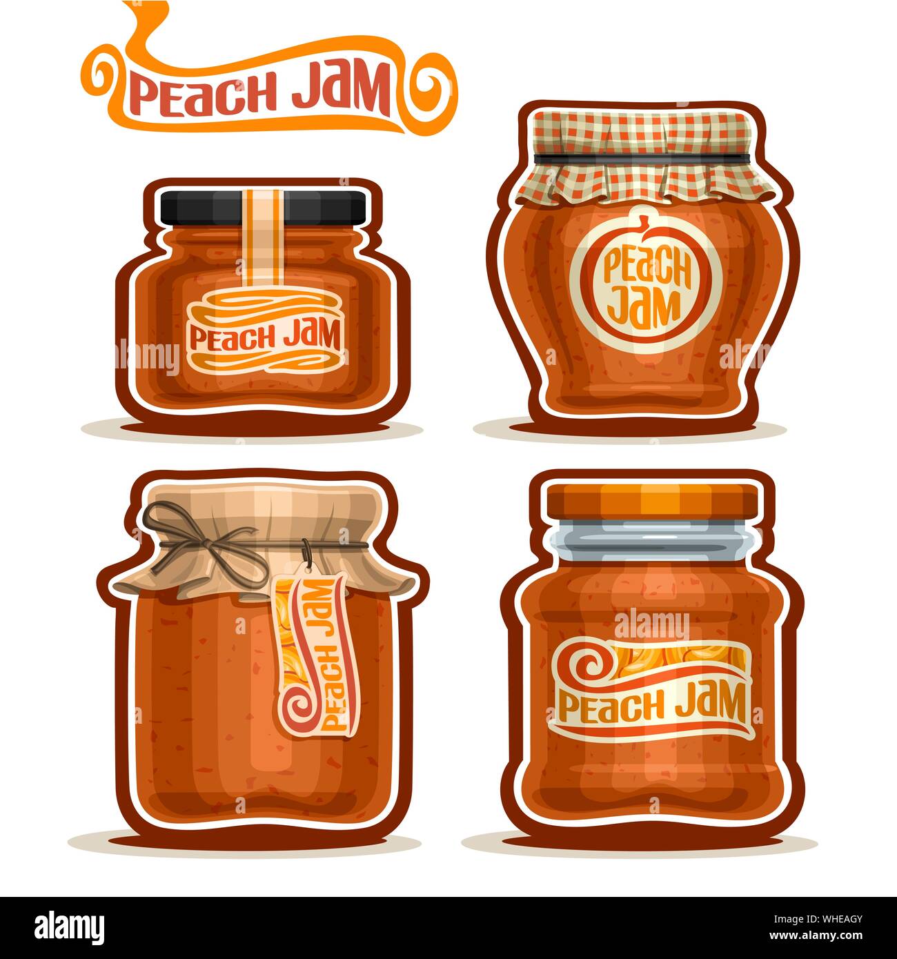 Vector set of Peach Jam in glass Jars with paper cover lid, isolated on ...