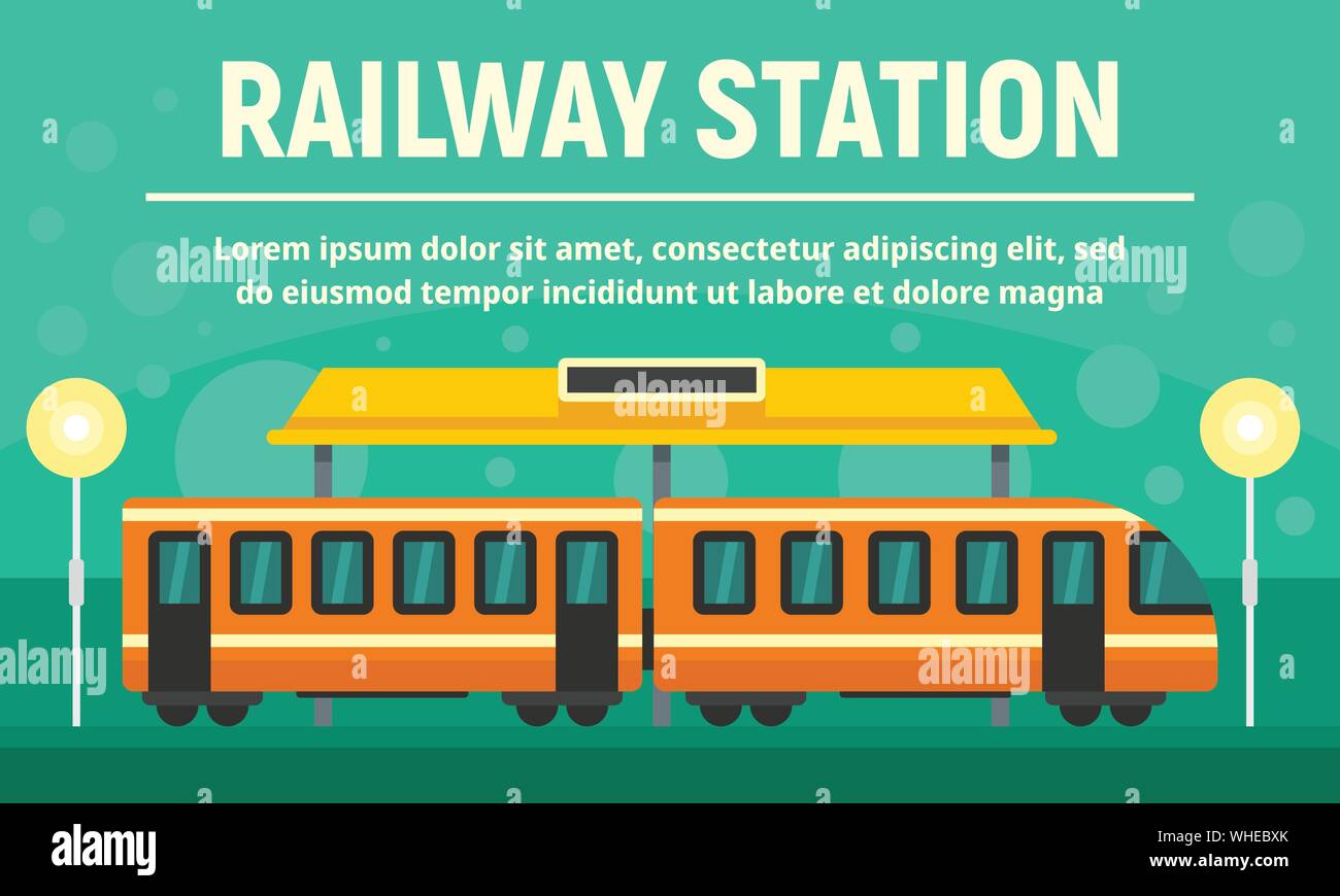 Railway village station concept banner. Flat illustration of railway ...