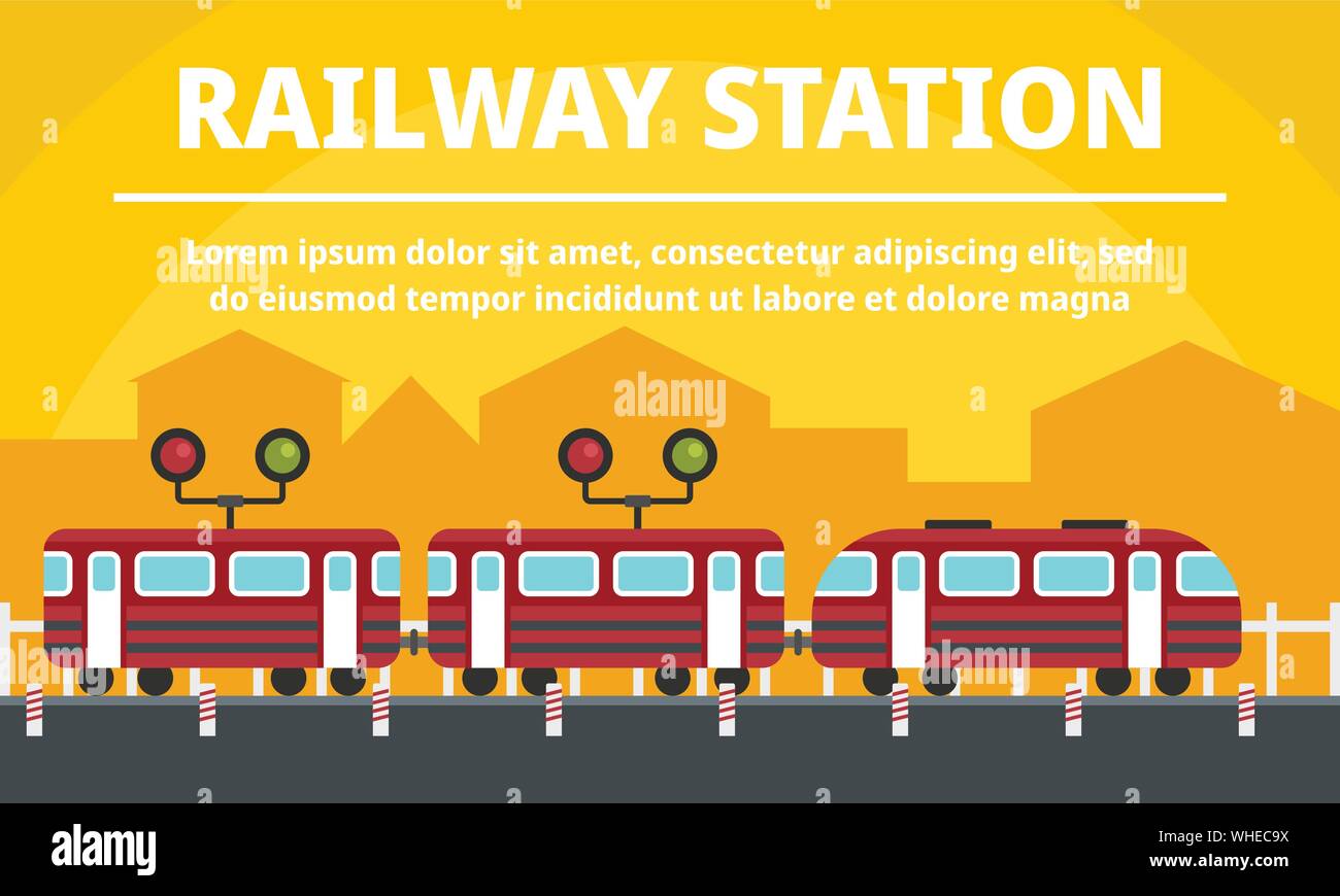 City railway station concept banner. Flat illustration of city railway ...